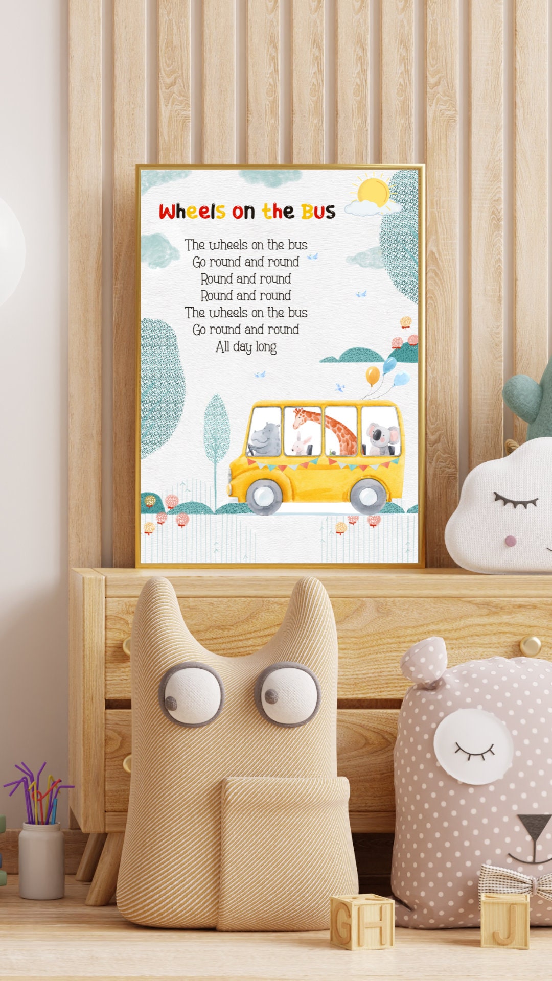 The Wheels on the Bus Nursery Rhyme Printable Art - Whimsical Art for ...