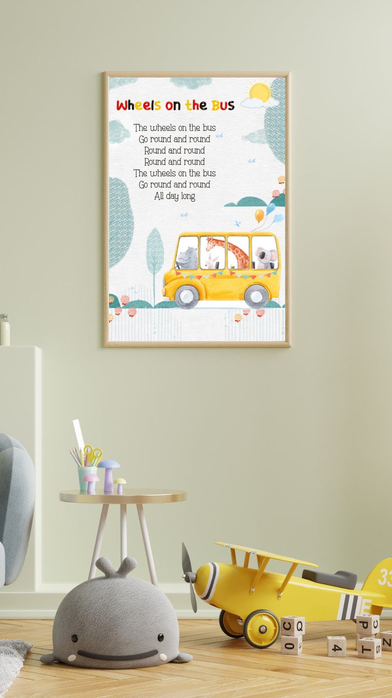 The Wheels on the Bus Nursery Rhyme Printable Art - Whimsical Art for ...