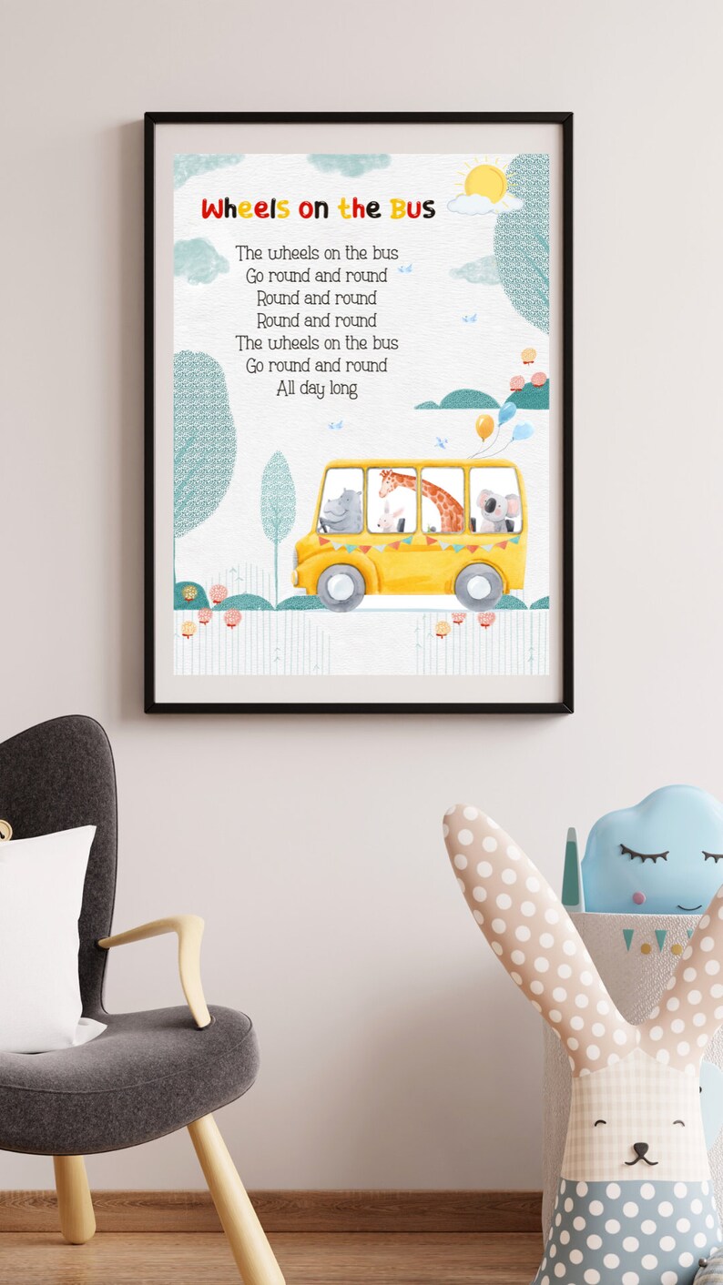 The Wheels on the Bus Nursery Rhyme Printable Art - Whimsical Art for ...