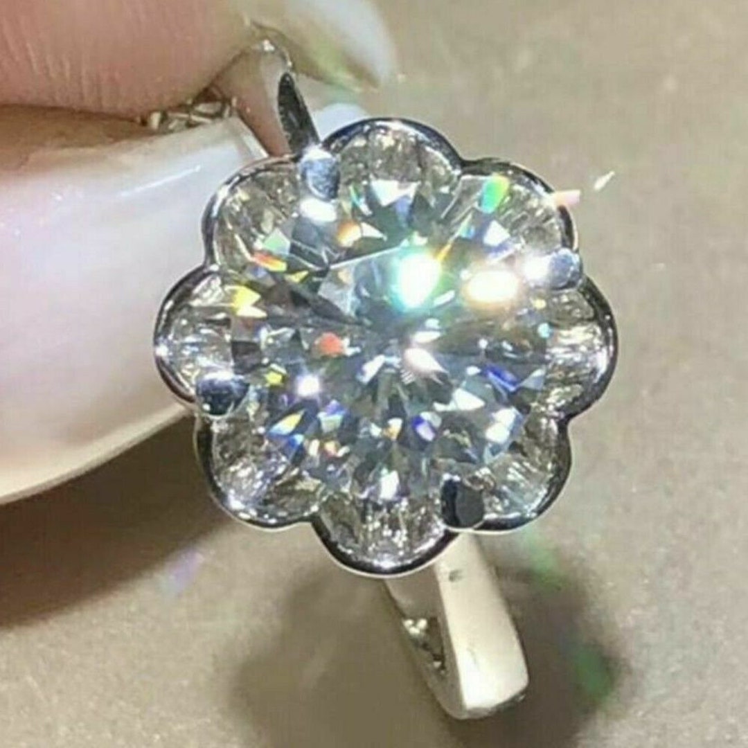 3.65 Ct White Round Cut Diamond Solitaire Flower Style Engagement ...