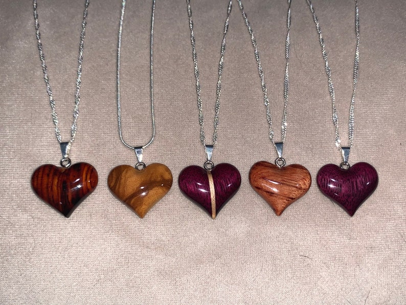 Wood Heart Necklace Purpleheart Maple Cocobolo Bubinga Olivewood
