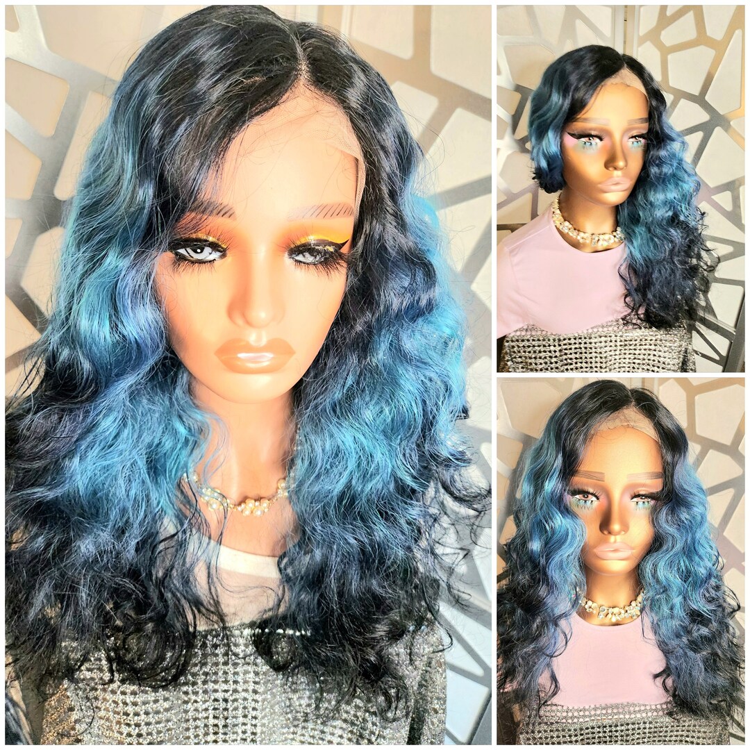 Ombre Blue Black Wavy Lace Front Wig: Human Hair Blend, Heat Safe - Etsy