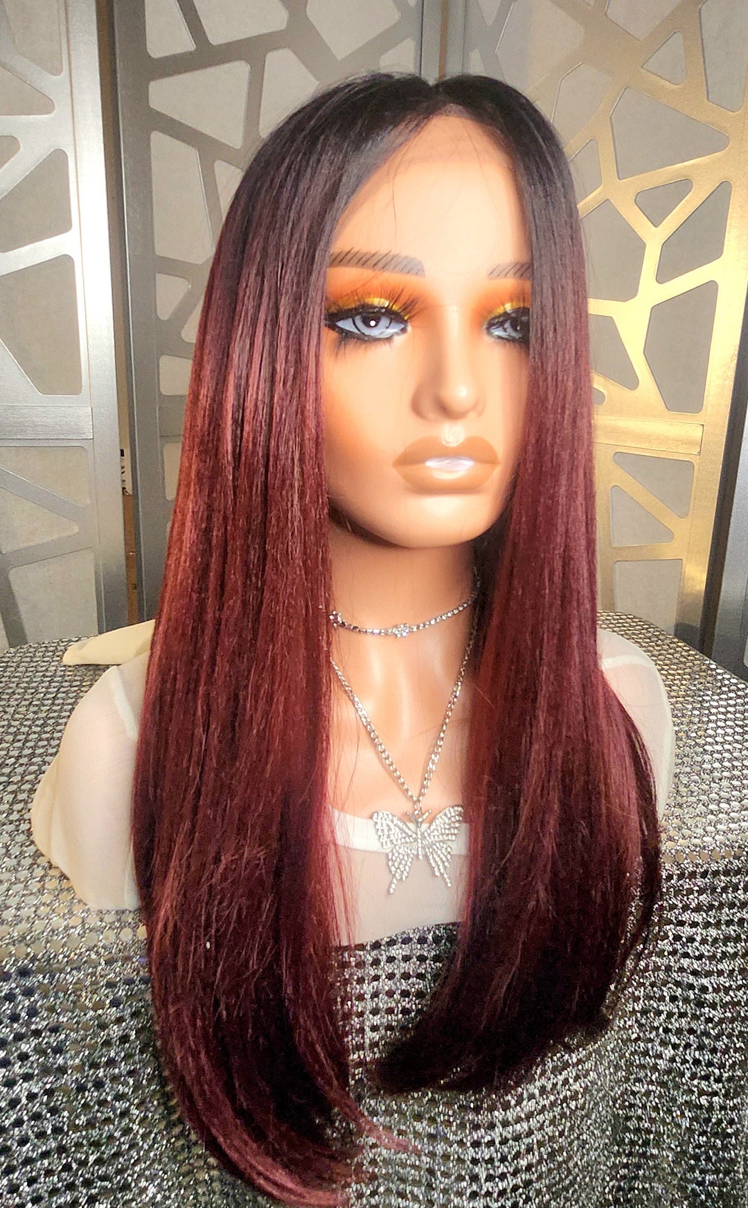24"straight Long Wig Dark Burgundy Wig Ombre Wig Free Parting Wig 13x6 ...