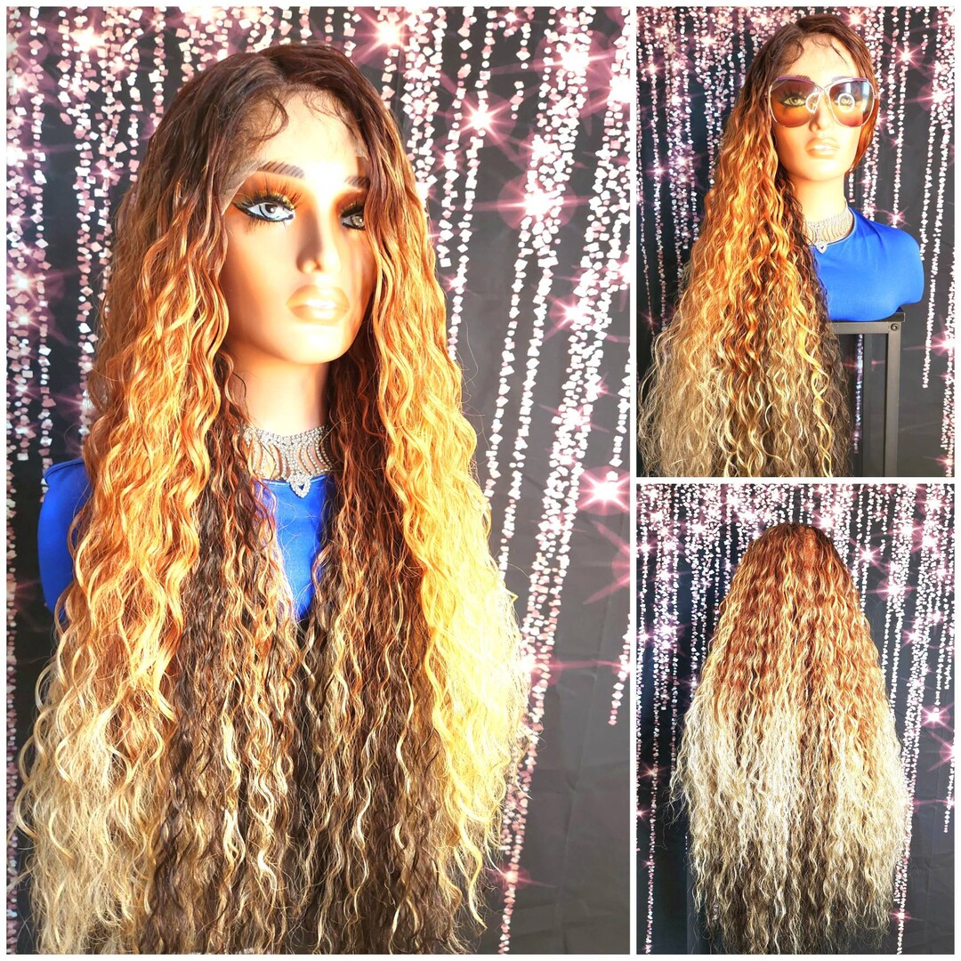 34 Long Curly Wig Red and Blonde Wig Lace Front Curly Wig Ombre Reddish ...