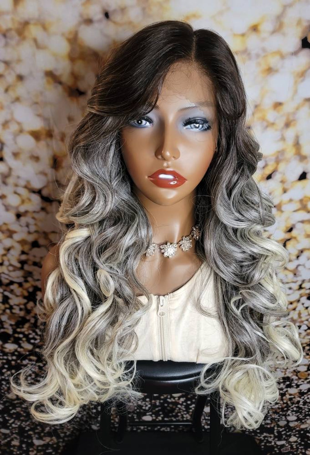 White Blonde Lace Front Wig Blonde Ombre Human Blend Wavy Wig Roots ...