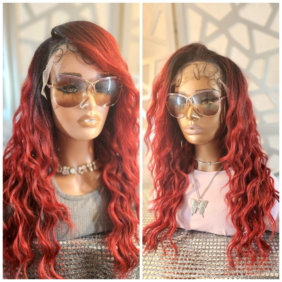 Curly Red Wig Ombre Cooper Red Human Hair Blend Free Parting 13x4 Lace ...