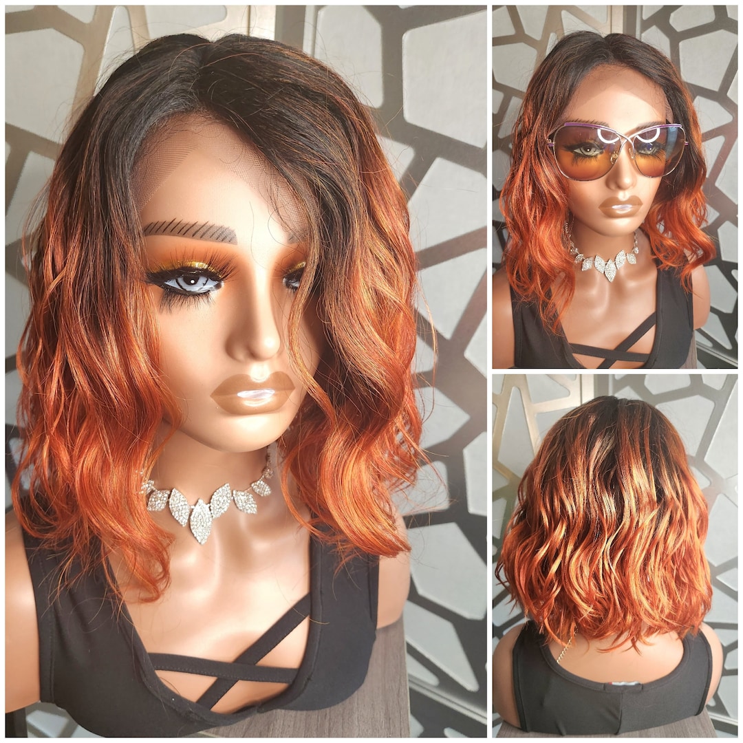 Wavy Short Red Wig Auburn Lace Front Wig Ginger Wig Bob Wig Dark Roots ...