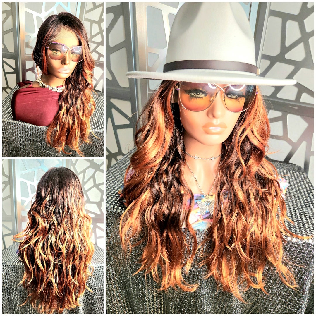 Red Wavy Wig, Lace Front Wig Ombre Wig, Cooper Red Wig Human Hair Blend ...