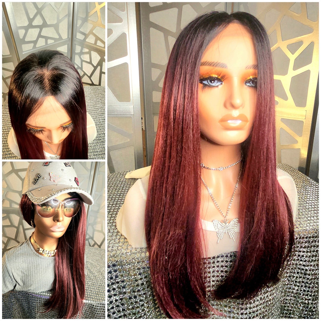 24 Dark Burgundy Wig Ombre Wig Straight Long Wig Free Parting Wig 13x6 ...