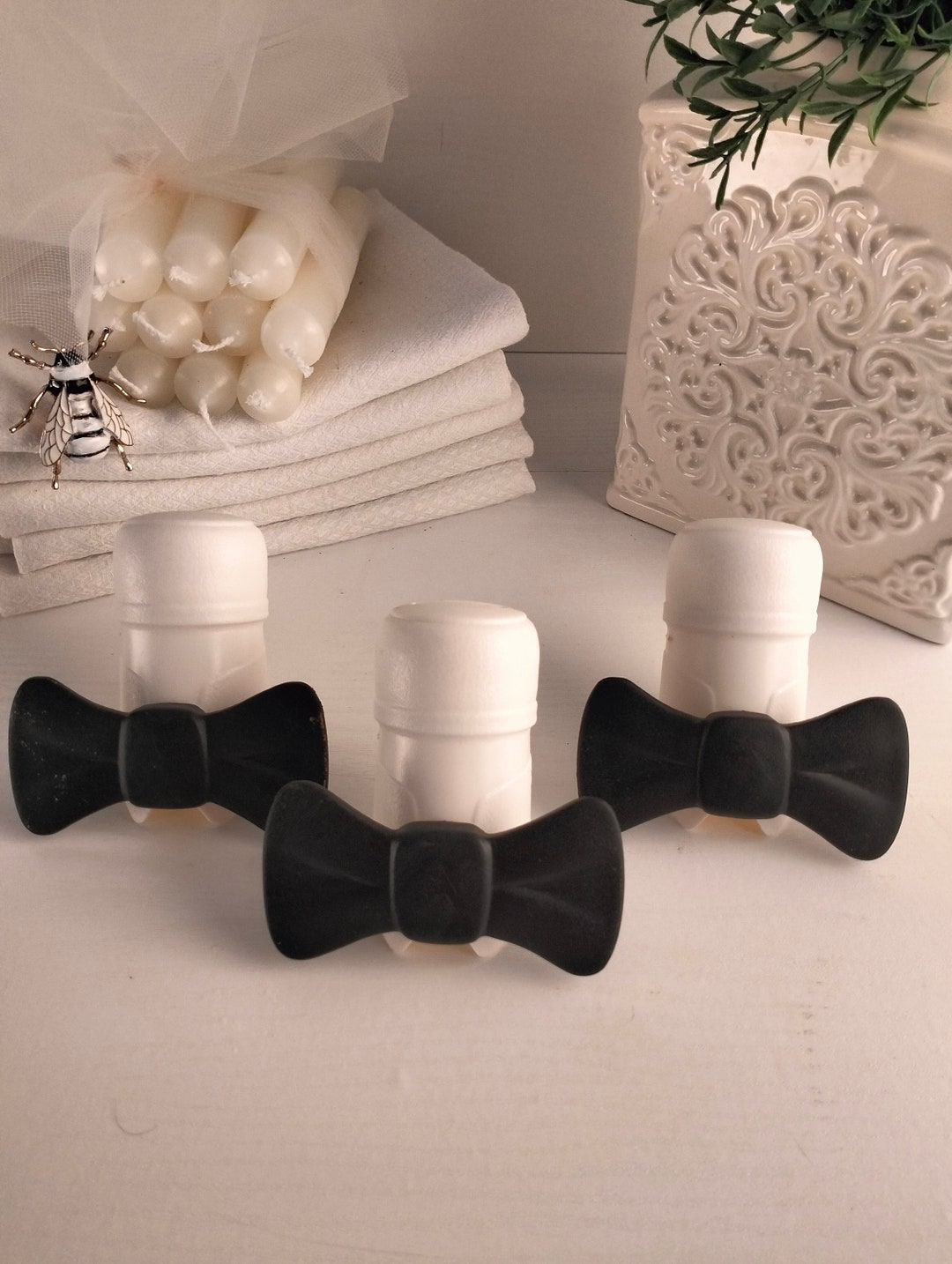 French Vintage Champagne Bottle Cap, Bow Tie Bottle Stopper, White ...