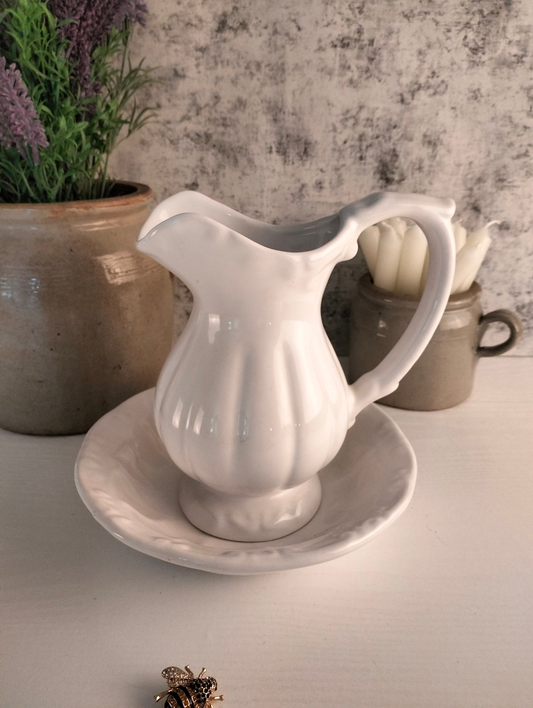 French Vintage Washing Bowl and Pitcher, White Washing Bowl and Jug ...