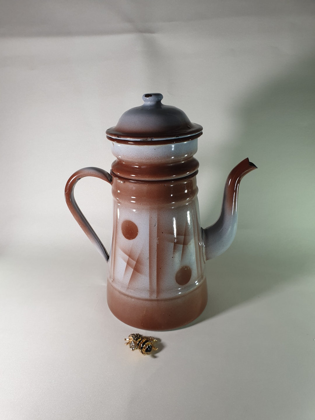 Vintage French Enamel Cafetiere With Filter - 1930s Brown Grey Unique ...
