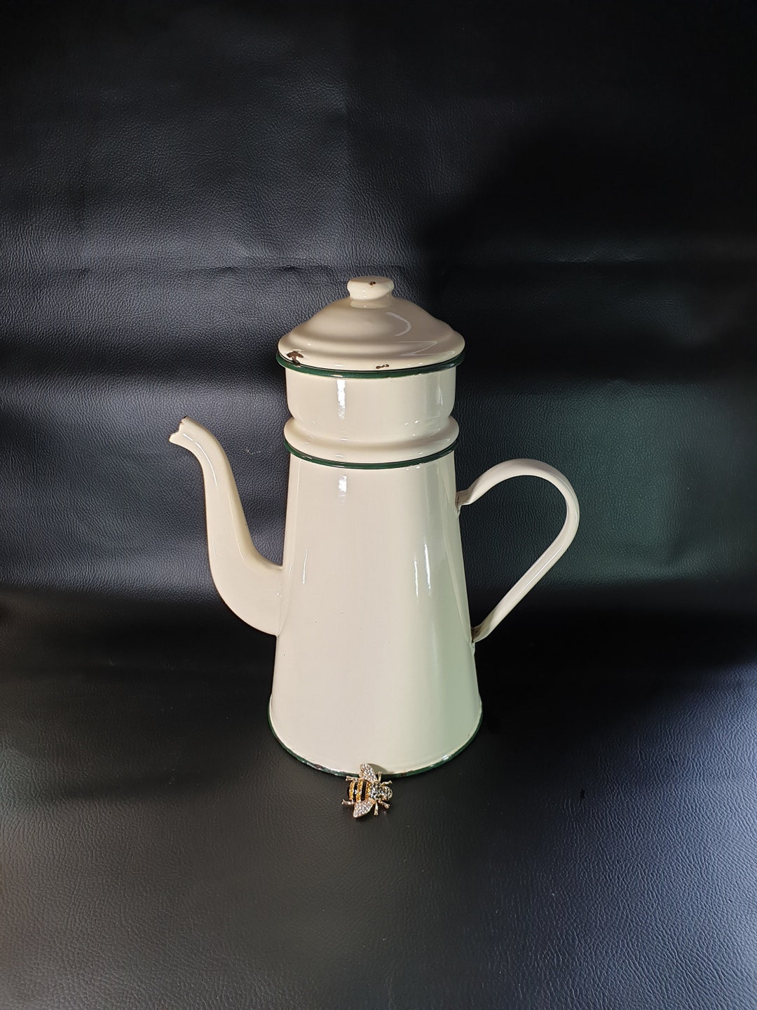 French Vintage Enamel Cafetiere, Enamel Cream Coffee Pot, Antique ...