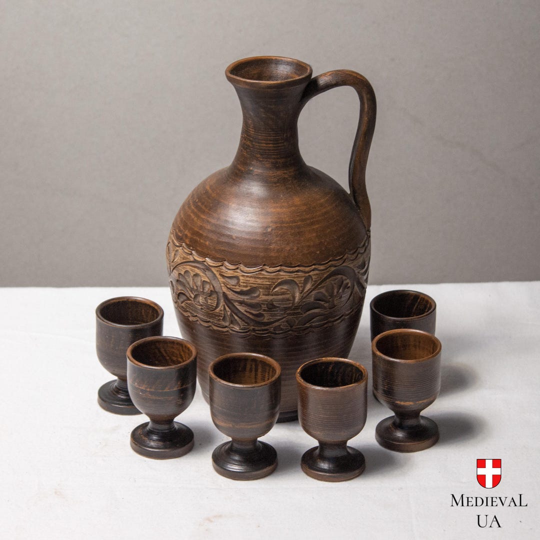 Medieval Pottery Jug & Shot Glasses Set – Handmade Rustic Tavern ...