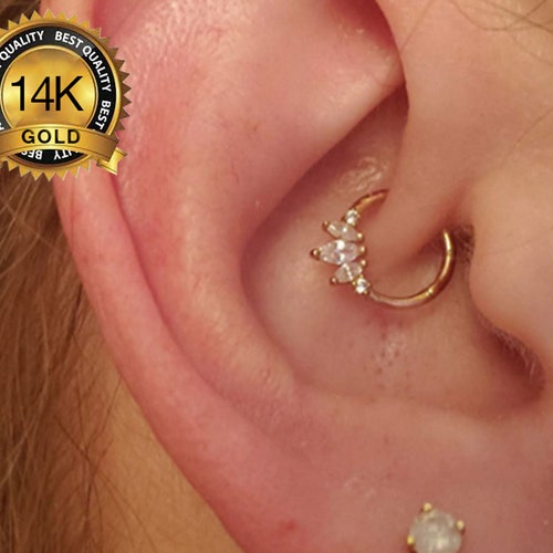 14k Solid Gold Forward Helix Piercingcartilage 3 Bezel Set | Etsy