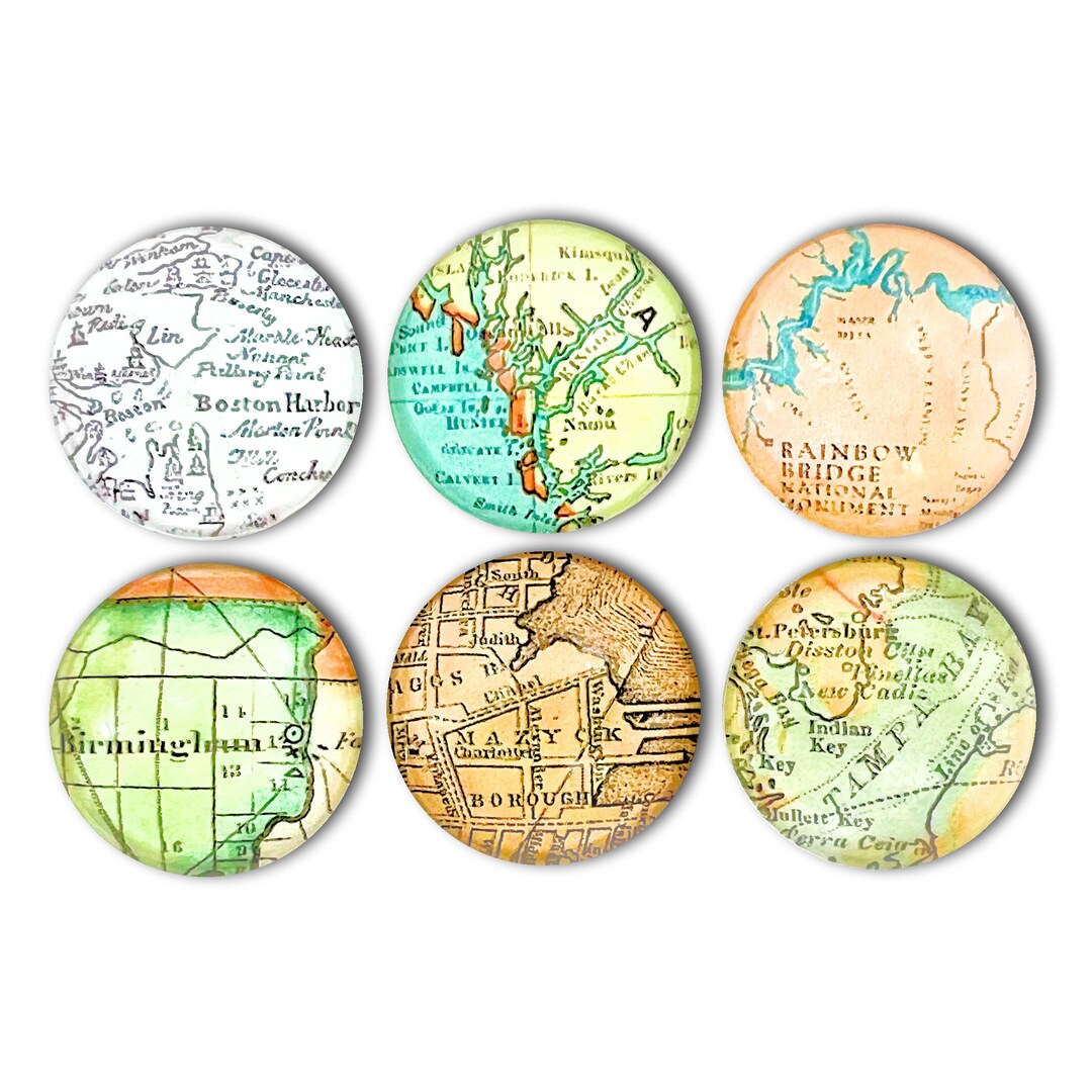 Old Maps Magnet Set - 6-piece Glass Magnets Set - 1" Round Magnets ...