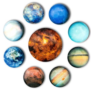 The Solar System Magnet Set - 9-piece Glass Magnets Set - 1" Round ...