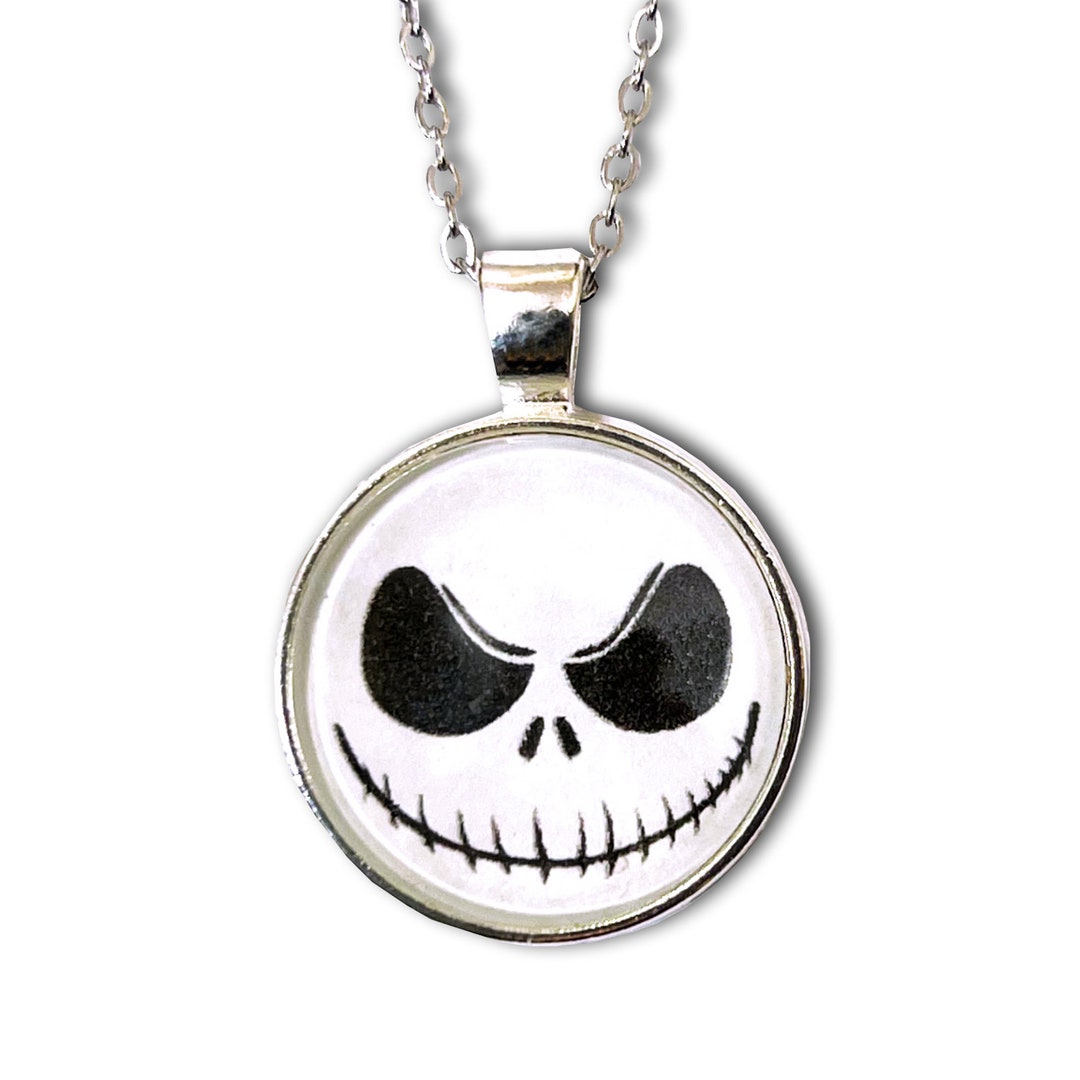 Jack Skellington Pendant Necklace Silver 18 18 Inch Chain Glass Circle ...