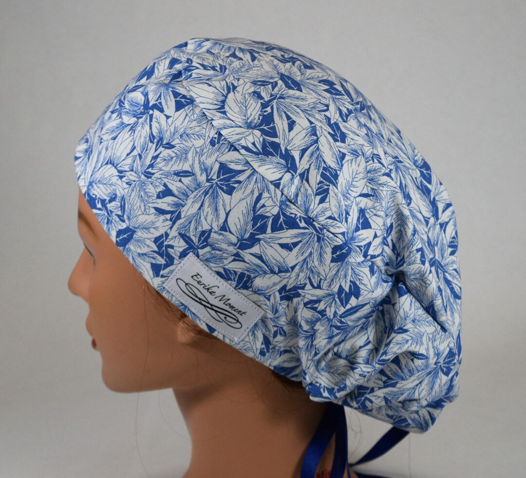 Teardrop Scrub Cap; Blue Leaf Brocade - Etsy