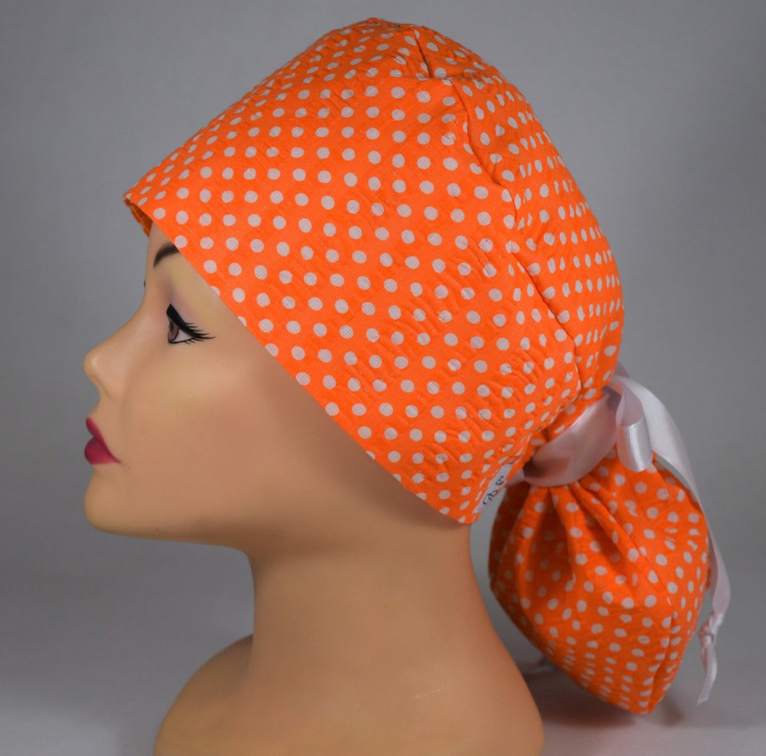 MEDIUM Pony Tail Pouch Scrub Cap; Seersucker Orange Polka Dot With ...