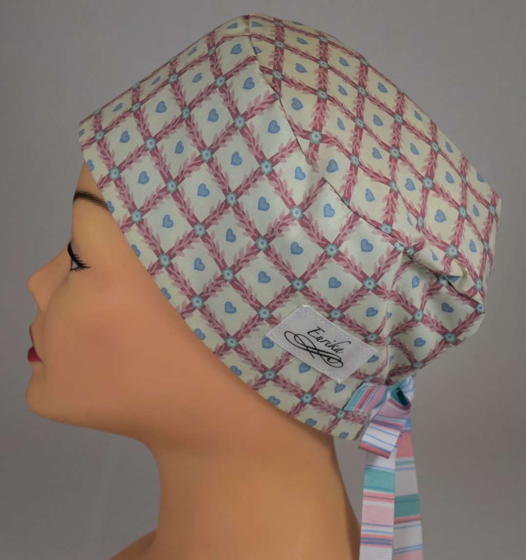 Euro Ribbon Style Scrub Cap: Colonial Style Blue Hearts - Etsy