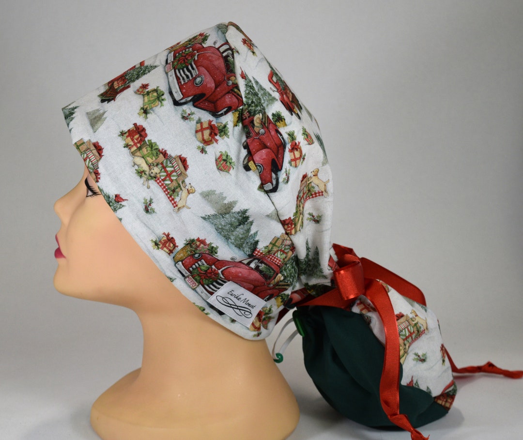 LARGE Pony Tail Pouch Scrub Cap Christmas Red Pick up Truck - Etsy