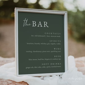 Forest Green Bar Menu Template Green Wedding Drink Sign Modern Wedding ...