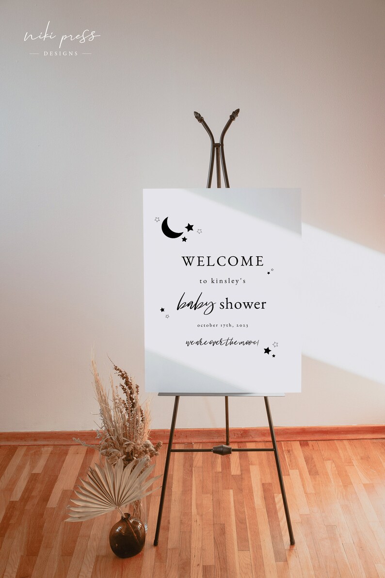 Over the Moon Baby Shower Welcome Sign Template — Modern Baby Shower ...