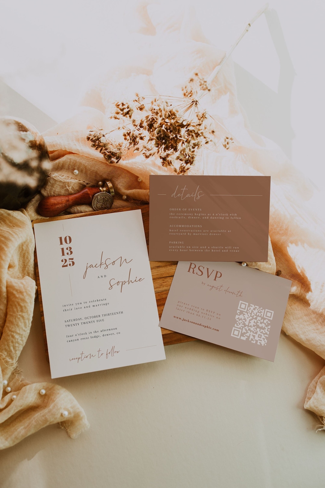 Rust Wedding Invitation Suite Template With QR Code | Printable Neutral ...