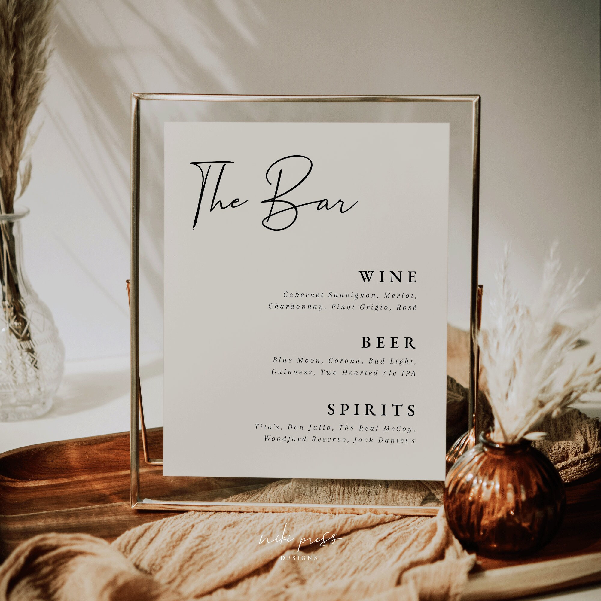Modern Boho Bar Menu Sign Template | Minimalist Wedding Bar Menu ...