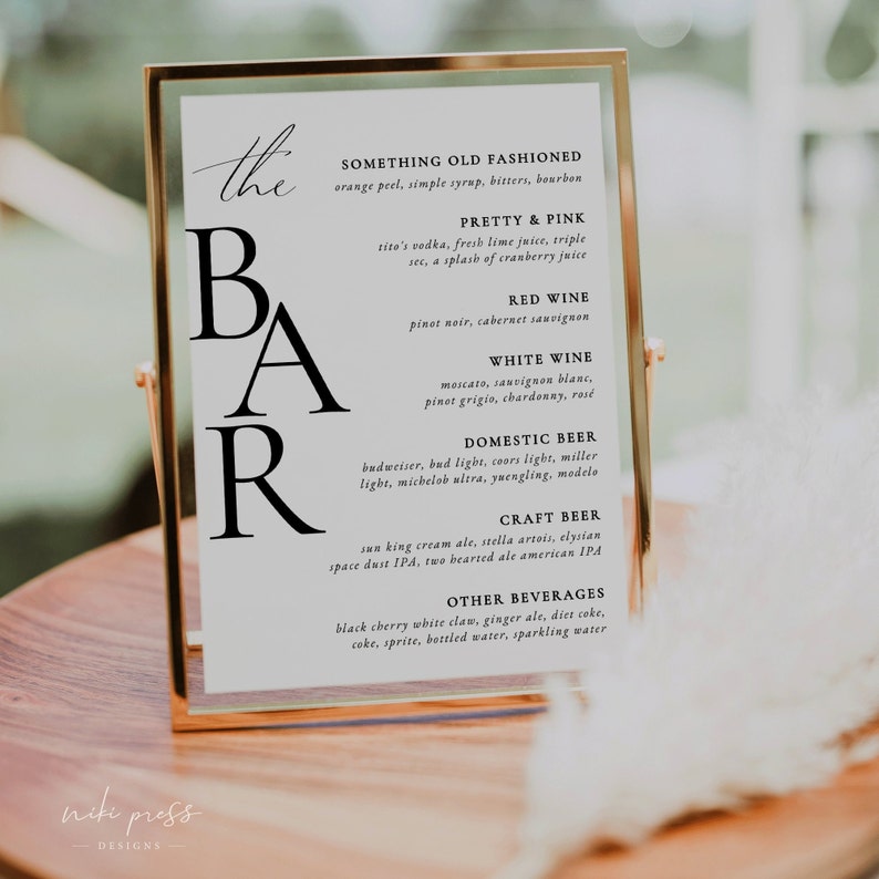 Modern Bar Sign Template | Classic Wedding Drink Sign | Elegant Wedding ...