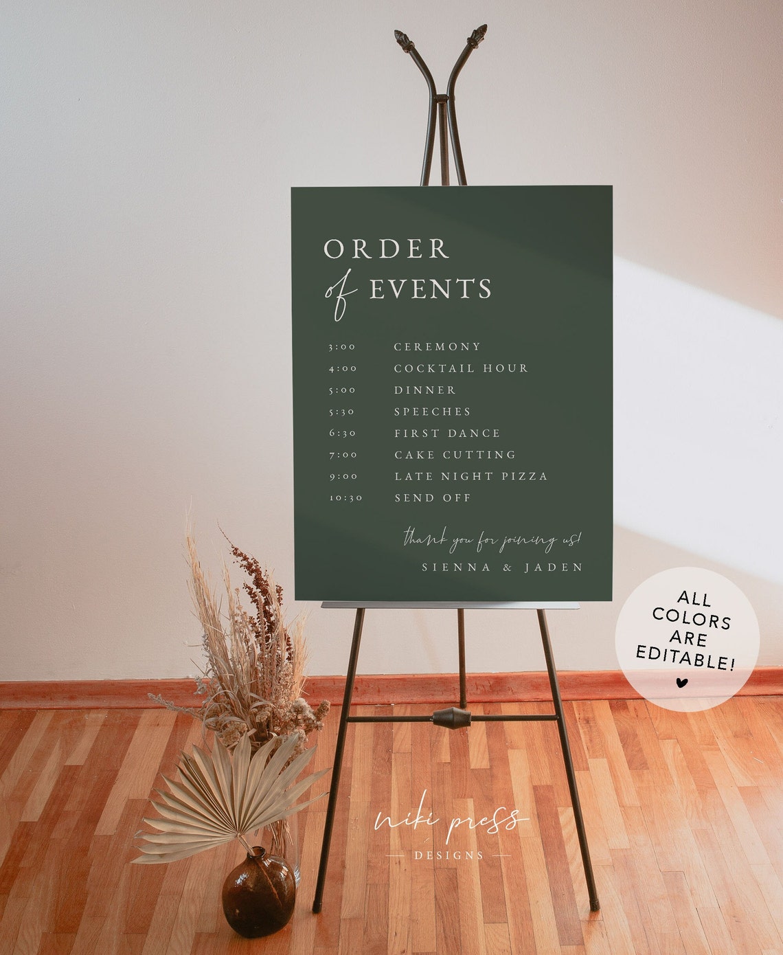 Forest Green Order of Events Wedding Sign Template | Rustic Wedding ...