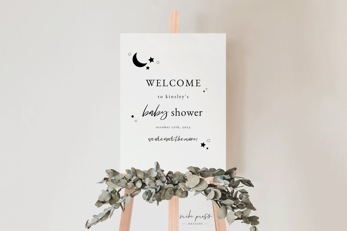 Over the Moon Baby Shower Welcome Sign Template — Modern Baby Shower ...
