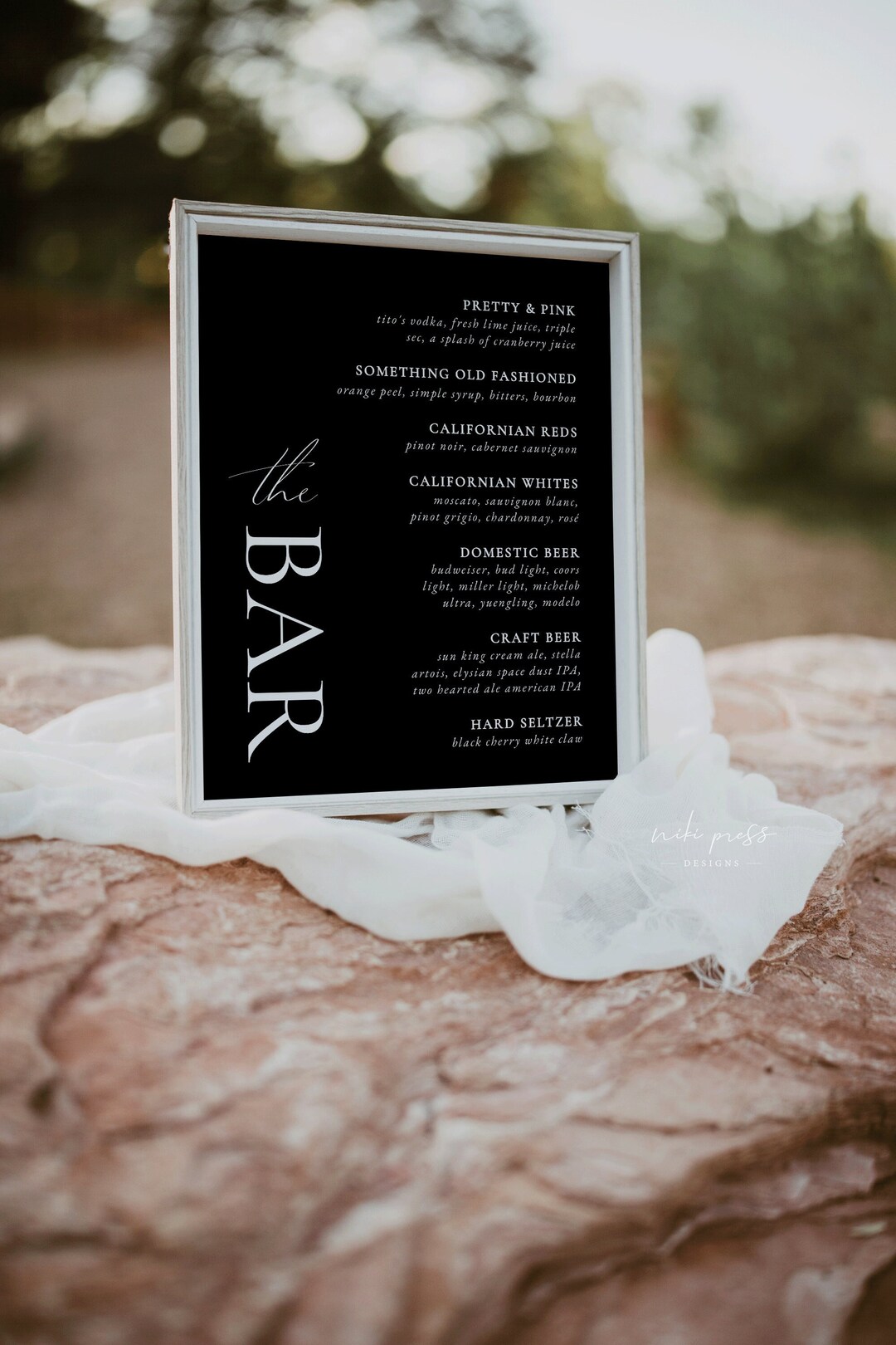 Modern Black Bar Menu Template | Classic Wedding Drink Sign | Elegant ...