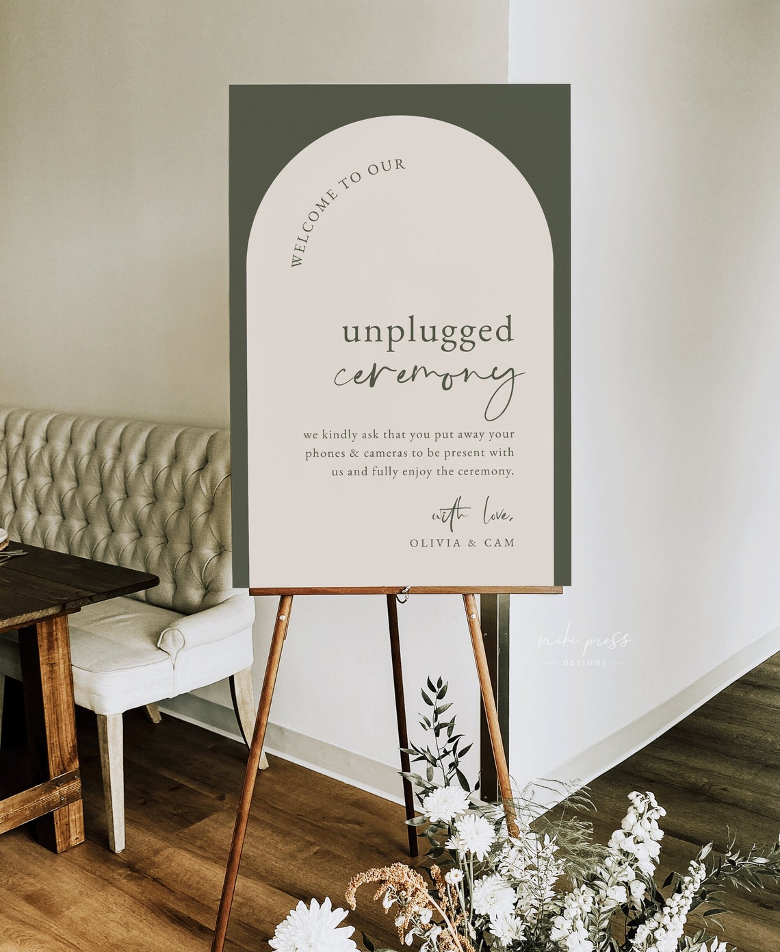 Arched Olive Unplugged Ceremony Sign Template — Unplugged Wedding ...