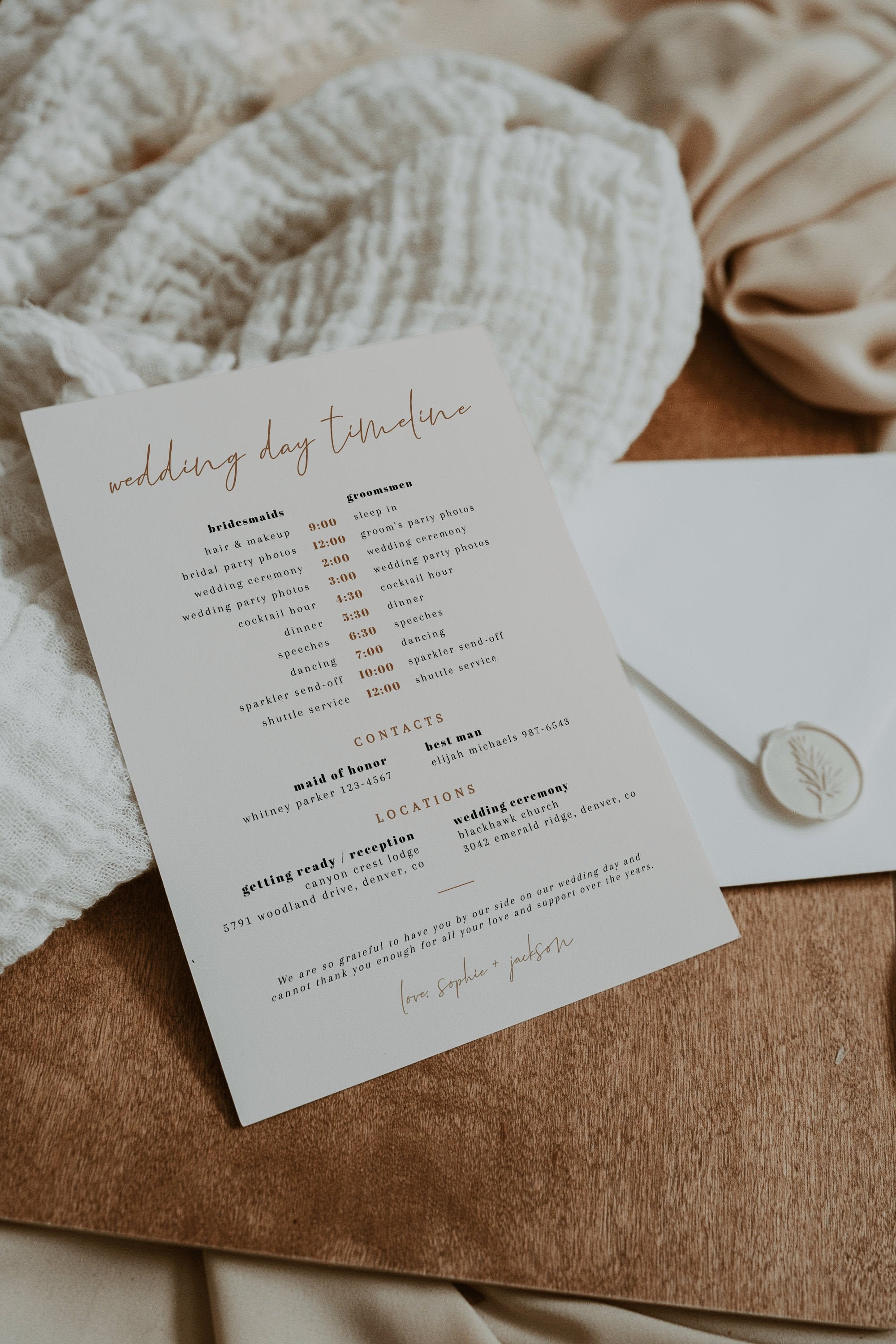 Wedding Day Timeline Card Template — Bridal Party Itinerary — Wedding ...