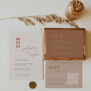 Rust Wedding Invitation Suite Template With QR Code | Printable Neutral ...