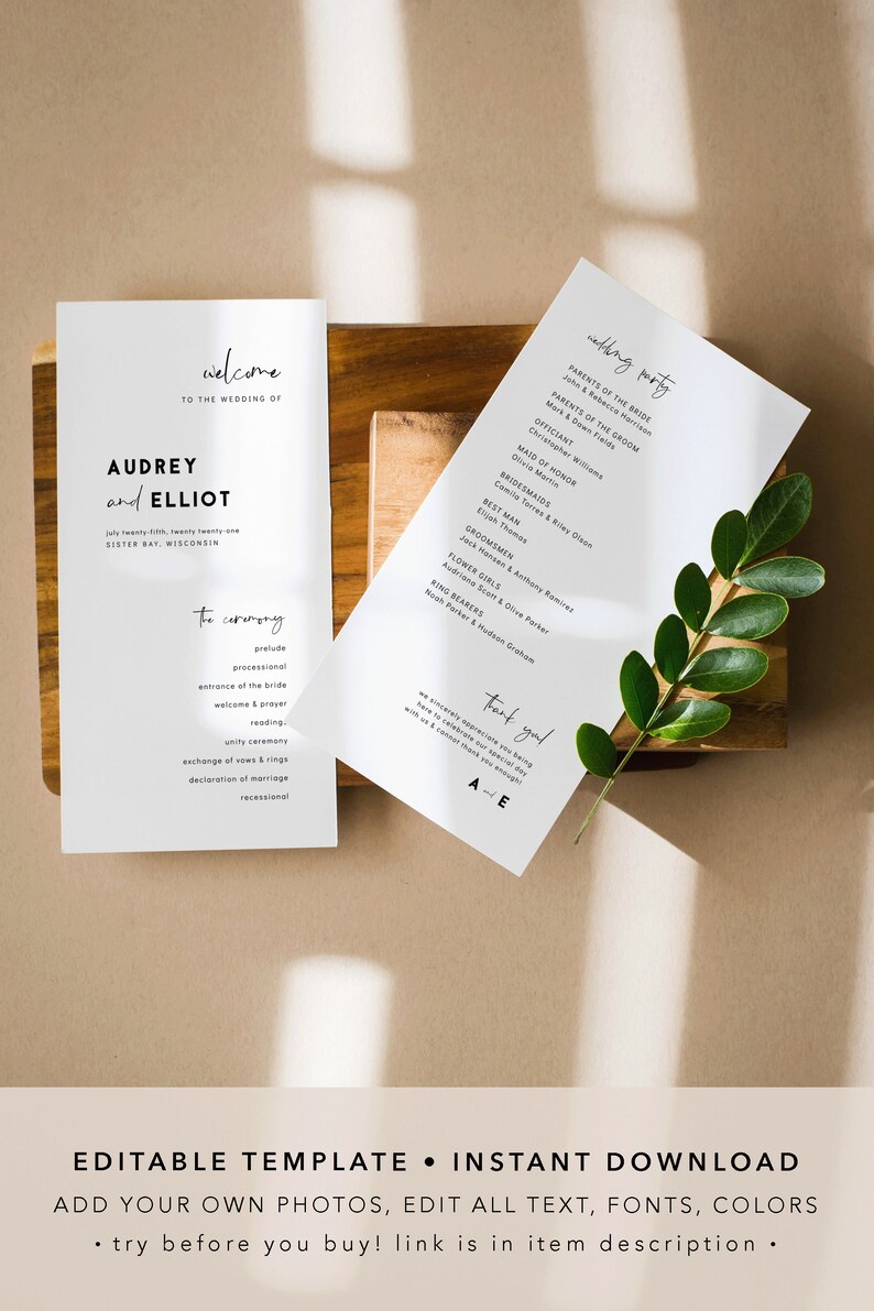 Modern Wedding Program Template Printable Minimalist Wedding | Etsy