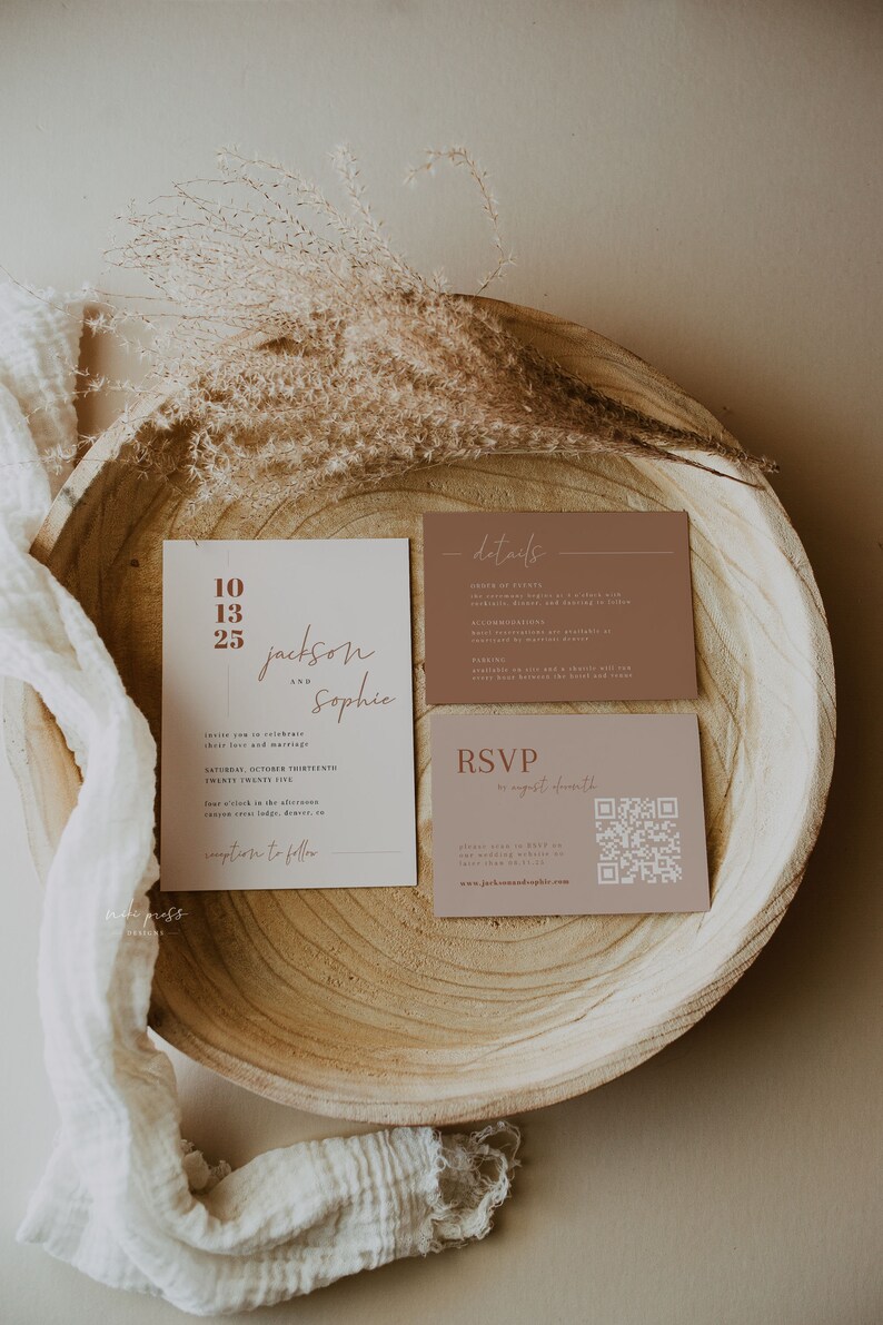 Rust Wedding Invitation Suite Template With QR Code | Printable Neutral ...
