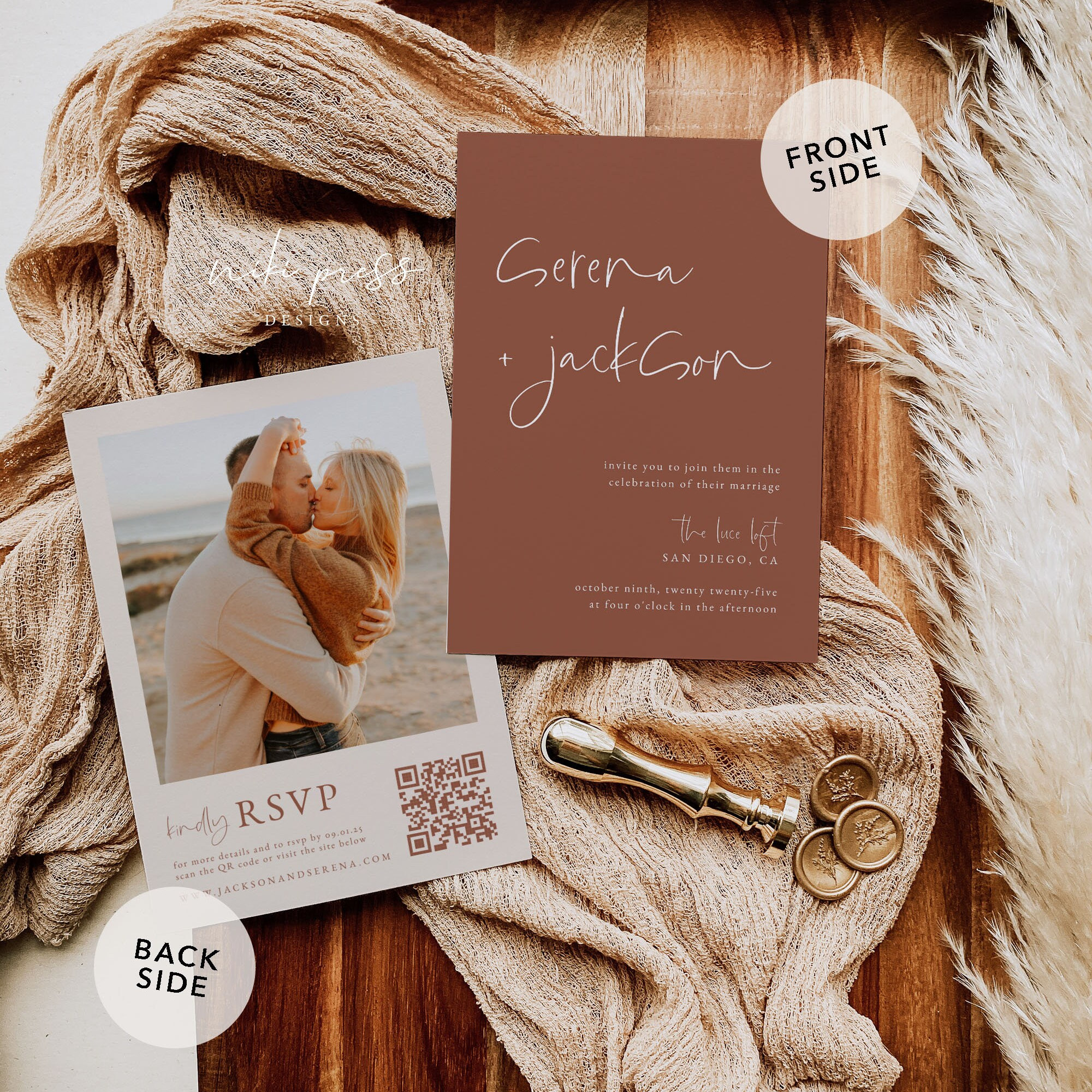Earthy Boho Wedding Invitation With QR Code, Terracotta Wedding ...
