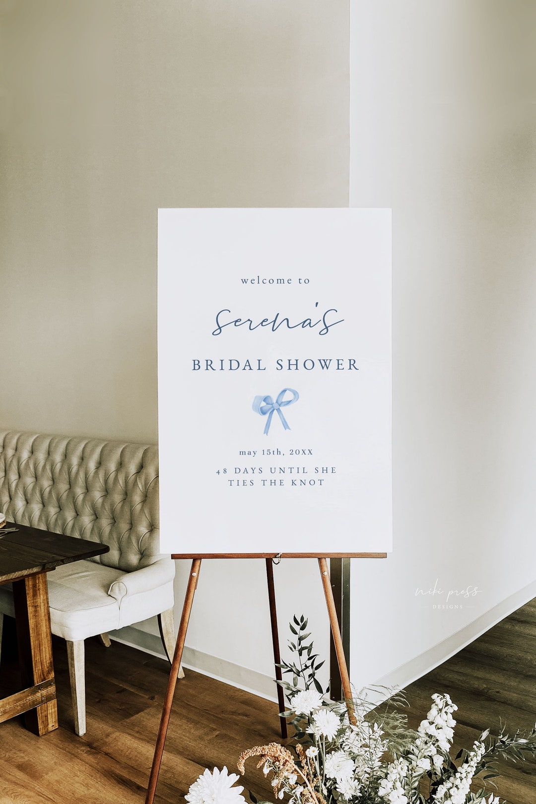 Blue Bow Bridal Shower Welcome Sign Template, Dusty Blue Bridal Shower ...
