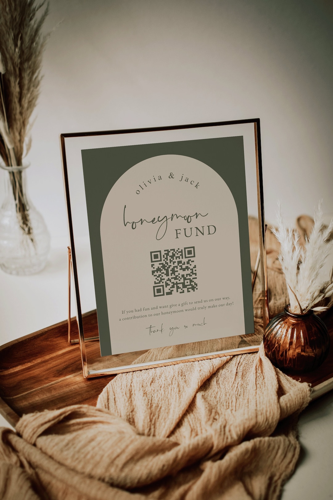 Arched Olive Honeymoon Fund Sign Template | Wedding QR Code Sign ...
