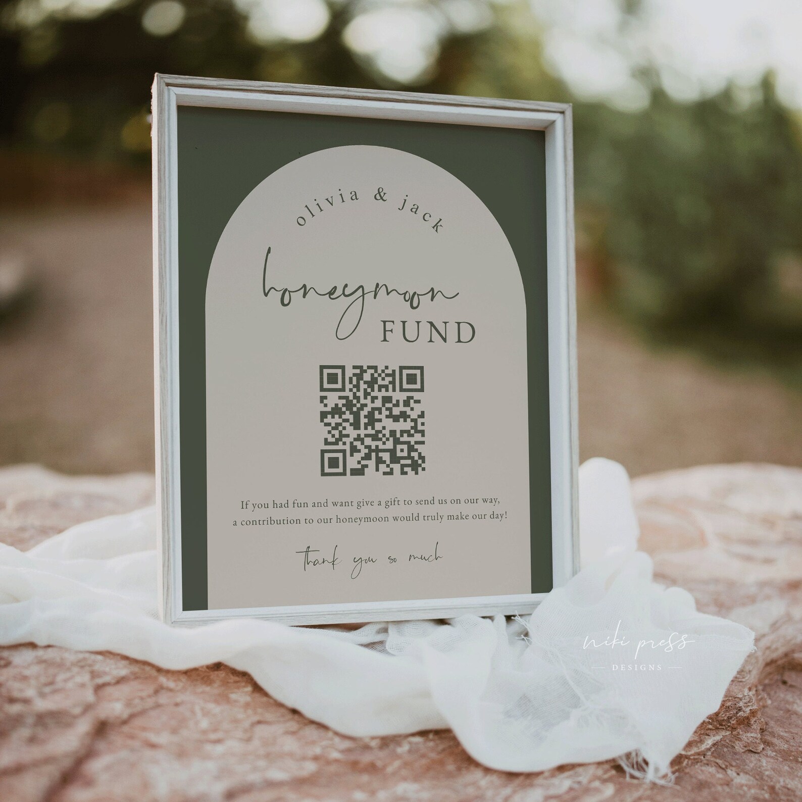 Arched Olive Honeymoon Fund Sign Template Wedding QR Code Sign Venmo ...