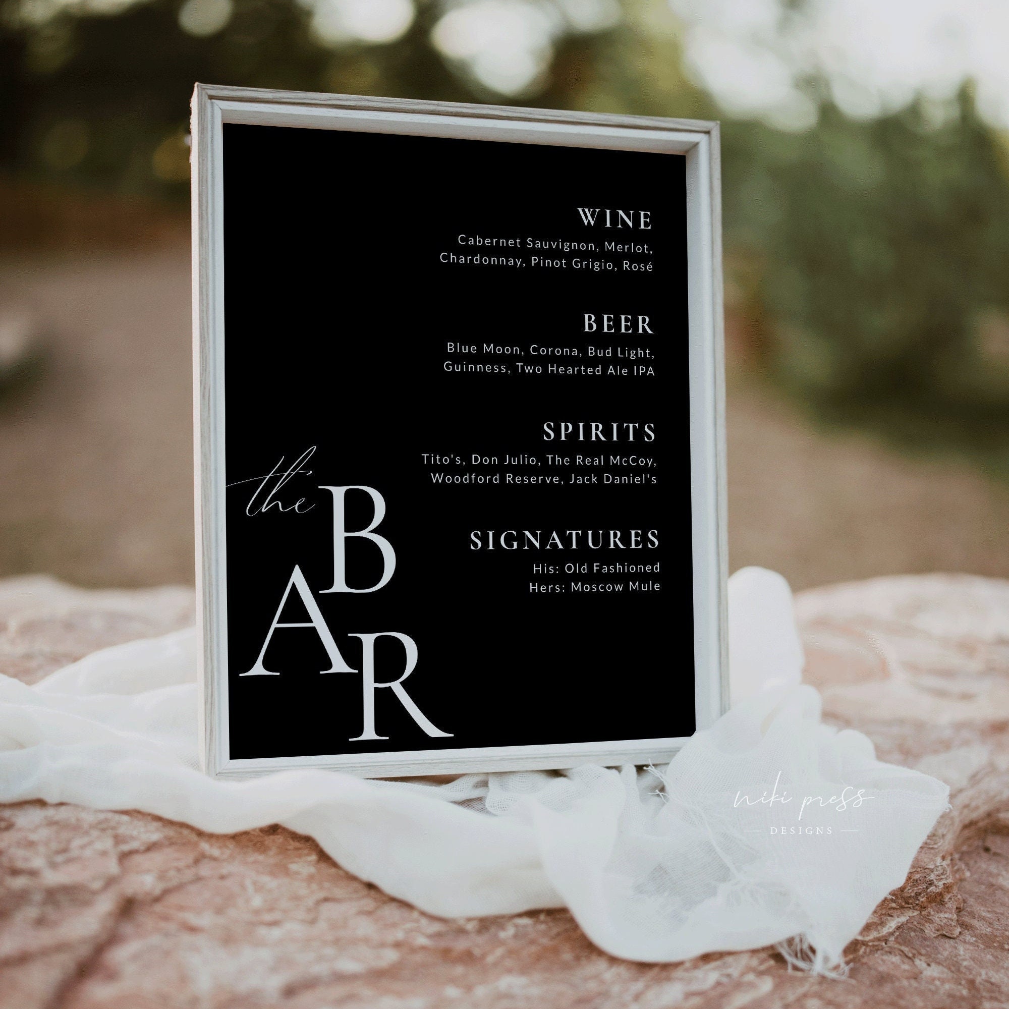 Modern Black Bar Menu Template | Elegant Wedding Drink Sign | Classic ...