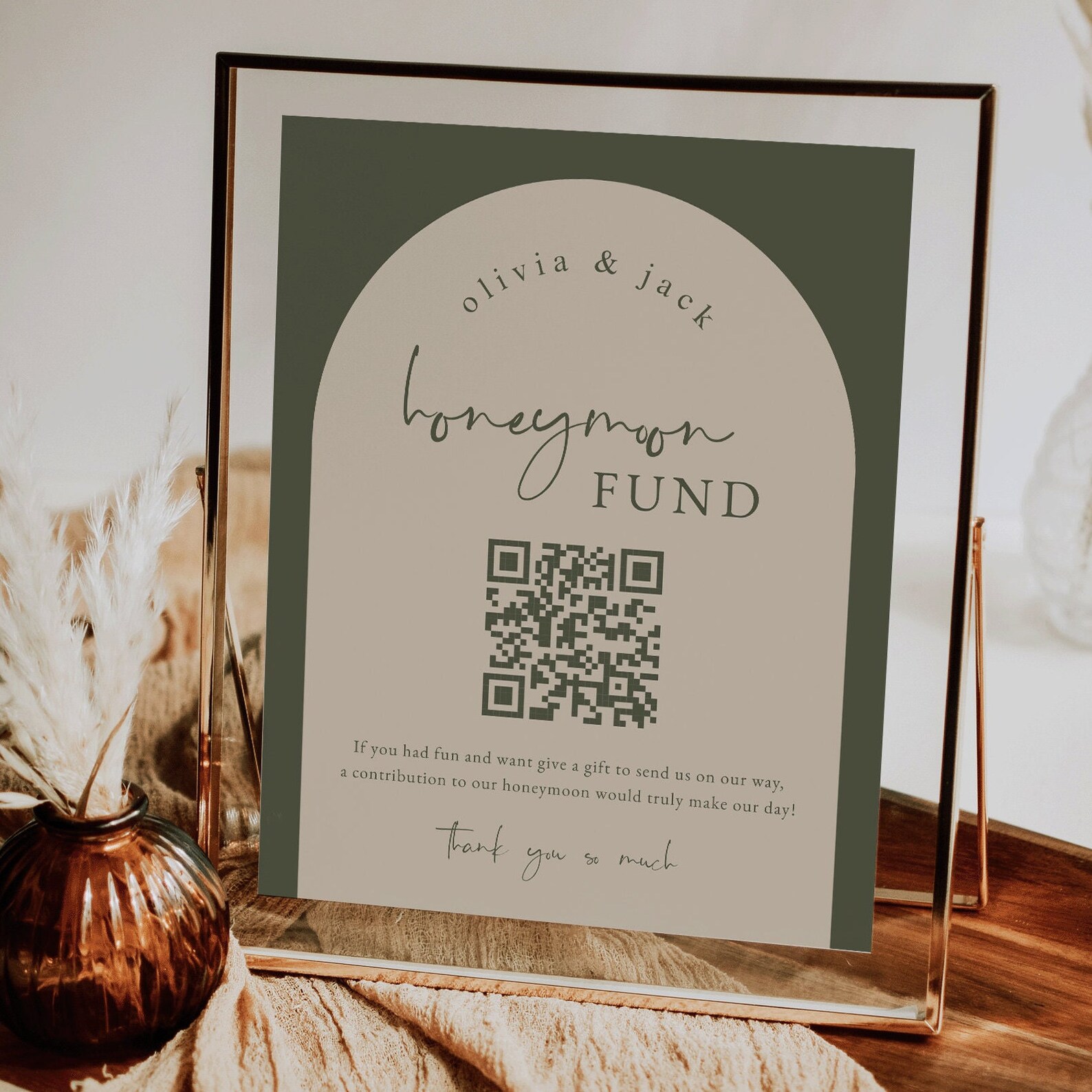 Arched Olive Honeymoon Fund Sign Template Wedding QR Code Sign Venmo ...