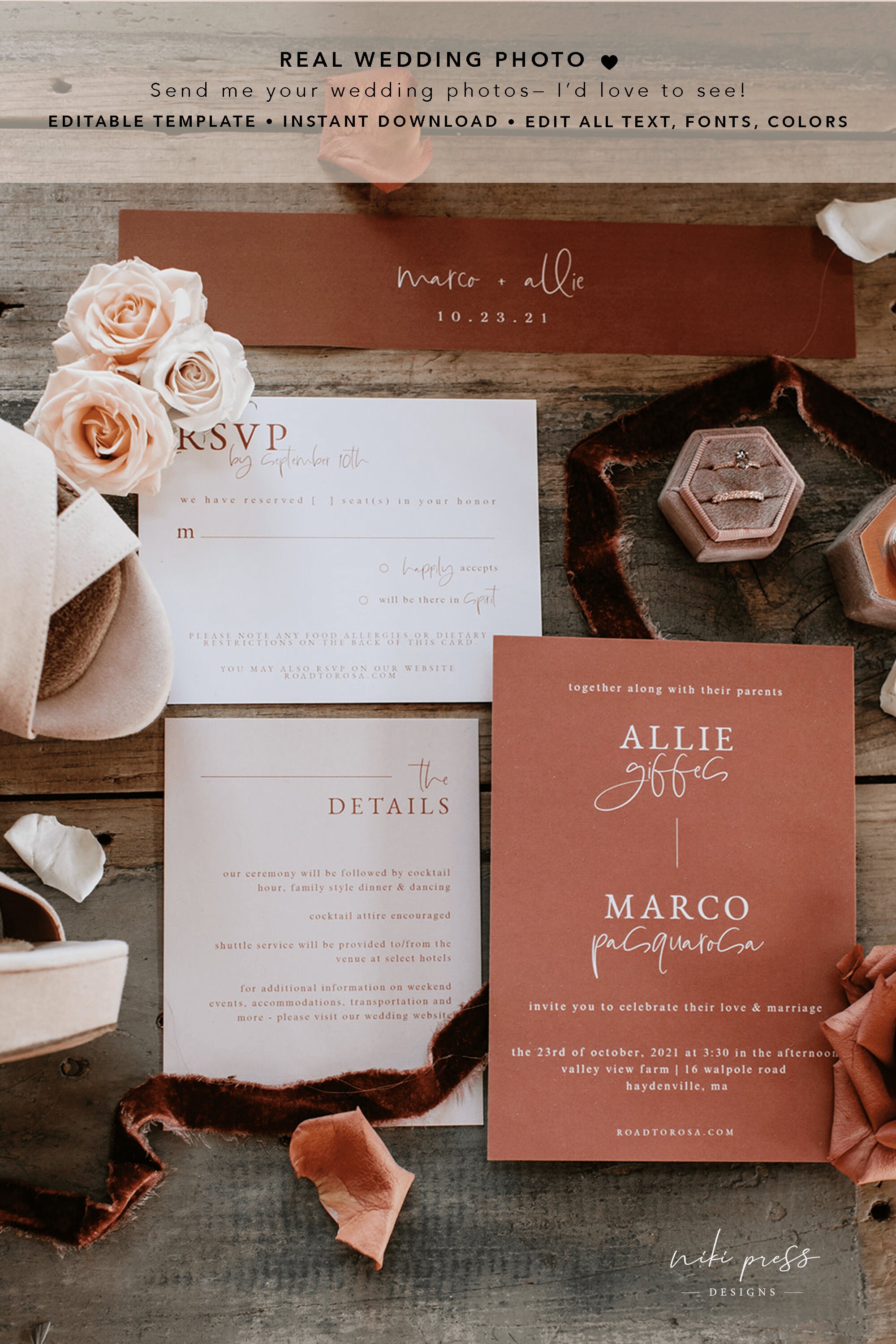 Dusty Terracotta Wedding Invitation Suite Template — Rust Wedding ...