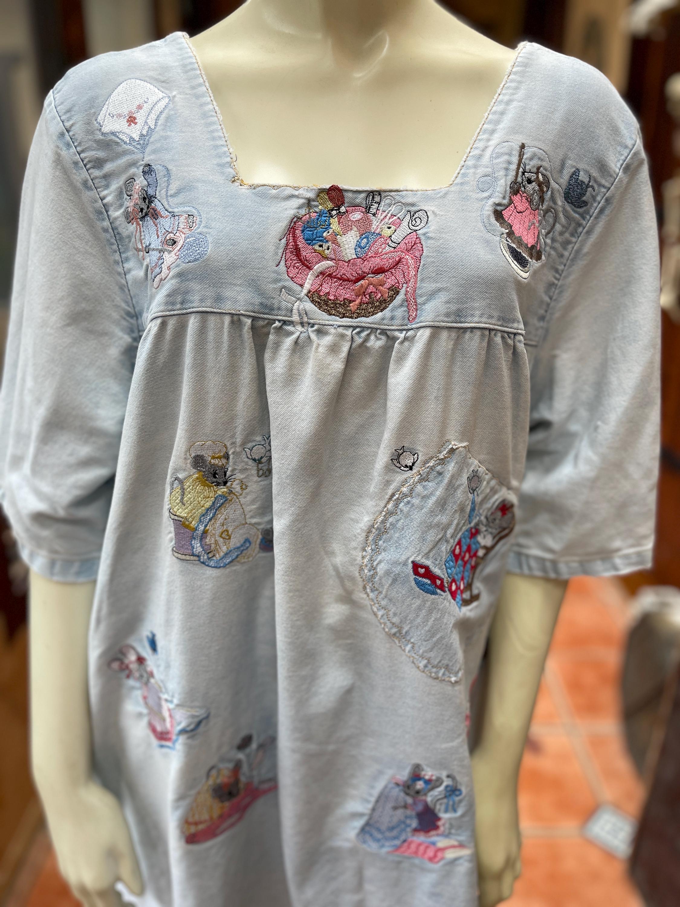 90s Soft Denim House Dress With Sewing Mice - Etsy