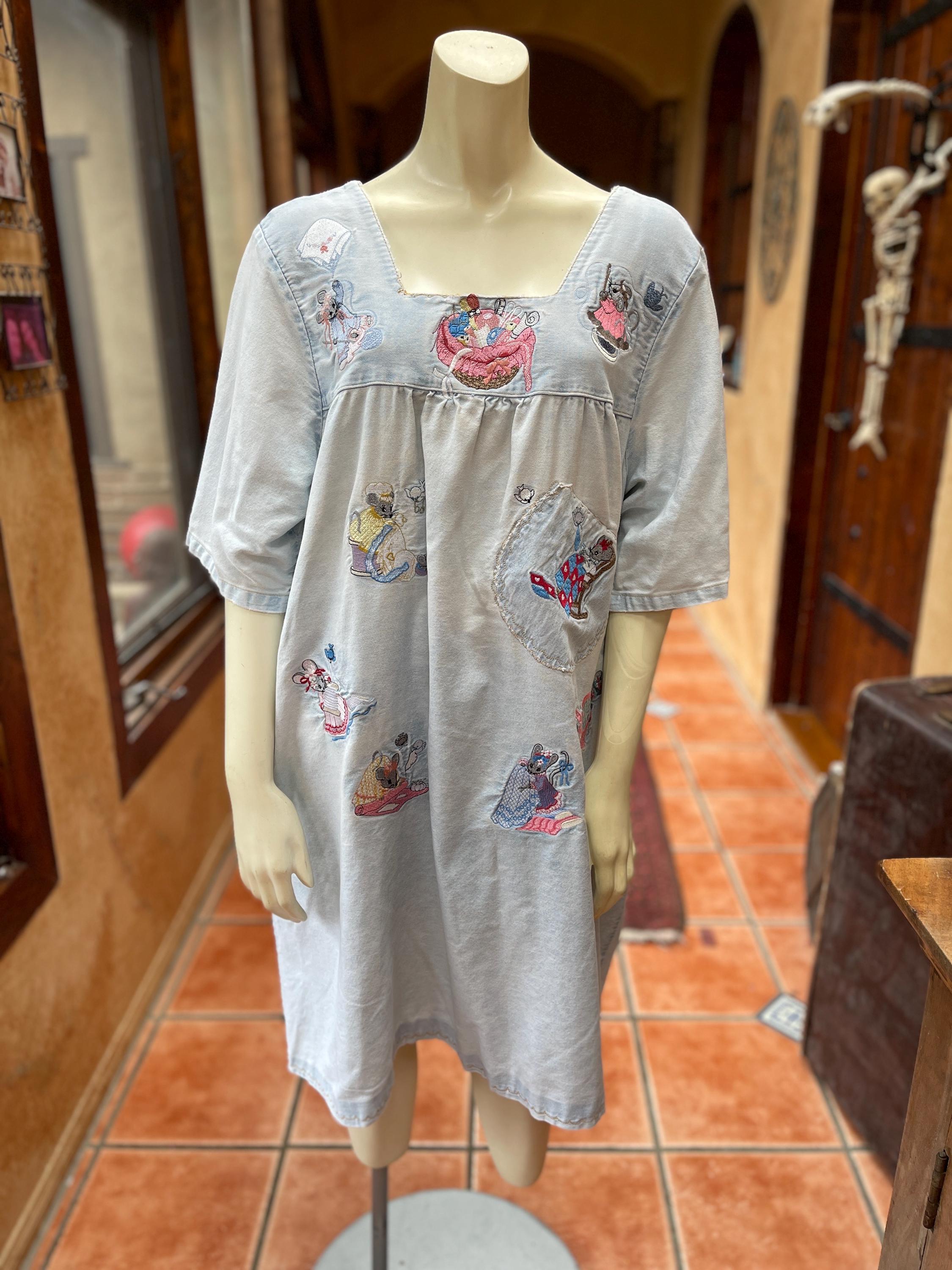90s Soft Denim House Dress With Sewing Mice - Etsy