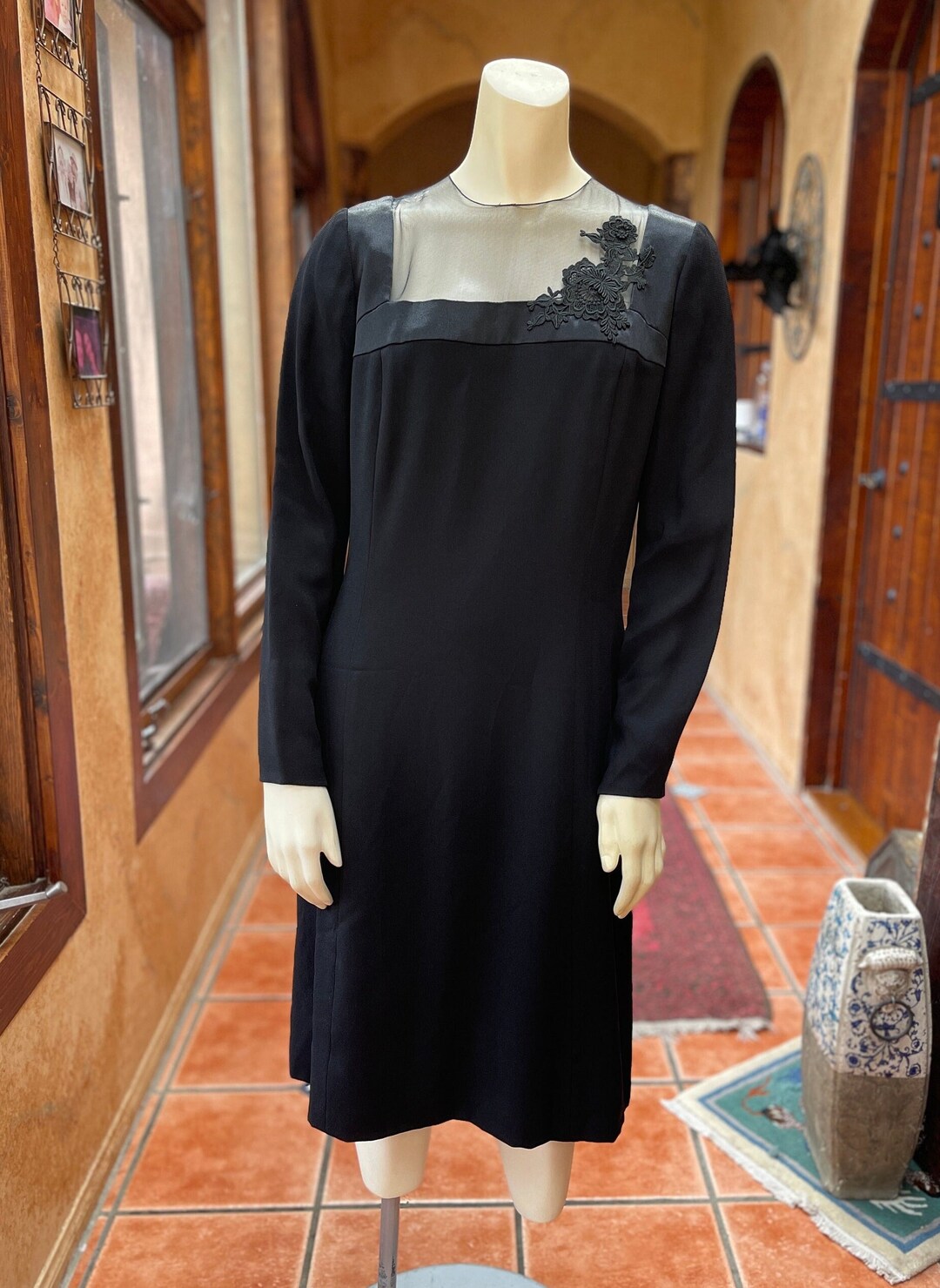 Vintage 1960s Peggy Hunt Black Crepe Dress | Sheer Illusion Yoke ...