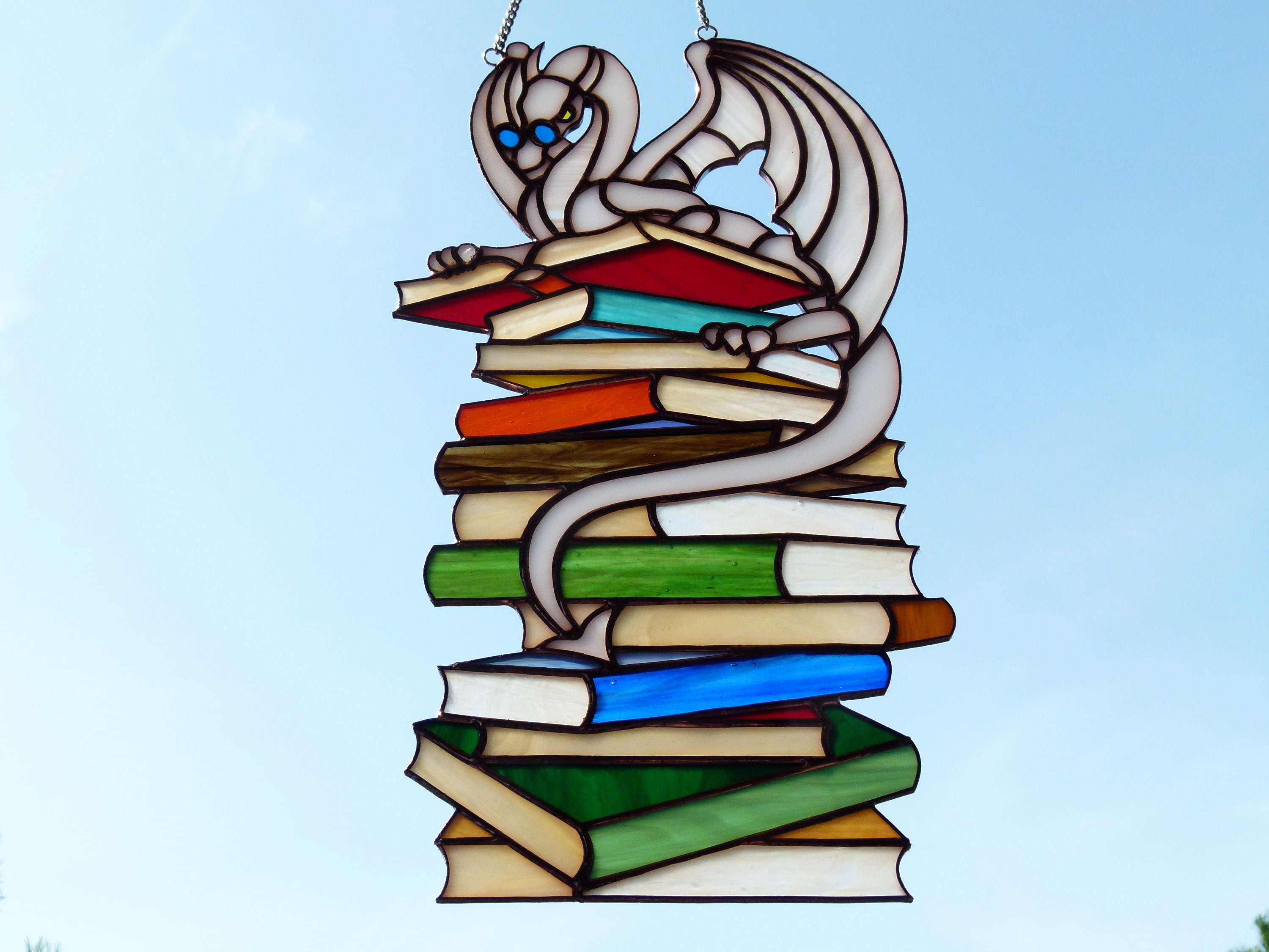 Dragon Book Stack Tiffany Stained Glass Suncatcher Stained Glass Decor ...